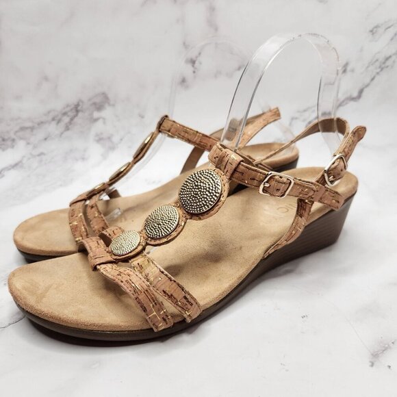 Vionic | Shoes | Vionic Noleen Tstrap Cork Wedges Sandals Gold Tan ...